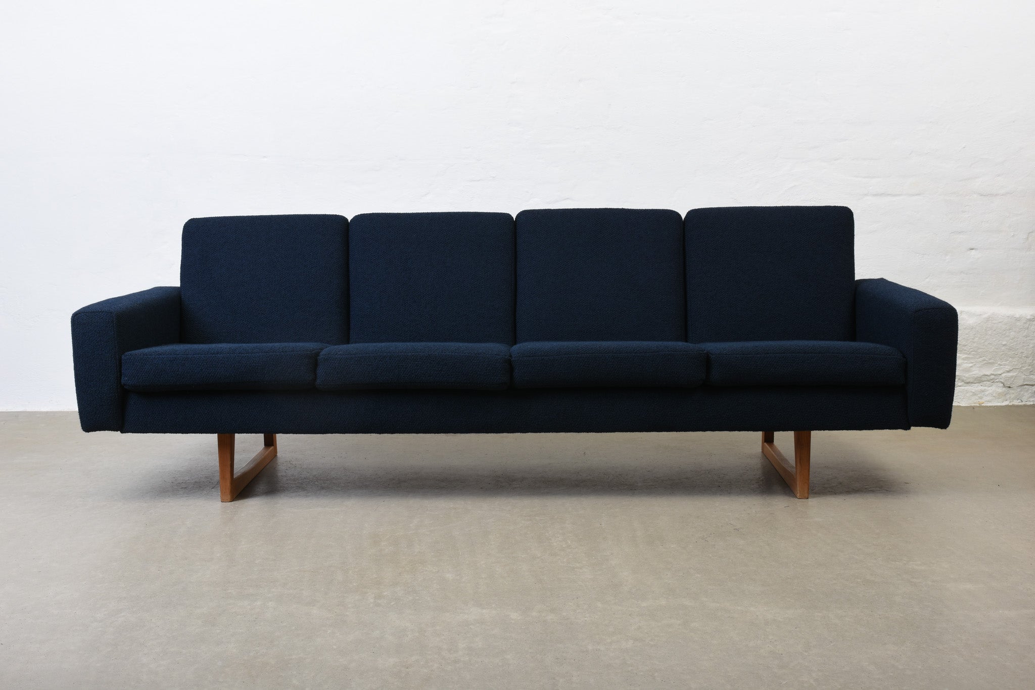Newly reupholstered: 1960s four seater on oak sleigh legs – CHASE ...